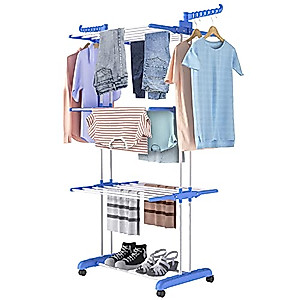 Mbillion Clothes Drying Rack Wall Mounted Space Saver Clothes Hanger Rack with Towel Bar Heavy Duty Suction Cups for Balcony Laundry Bathroom Patio and Bedroom (Blue)