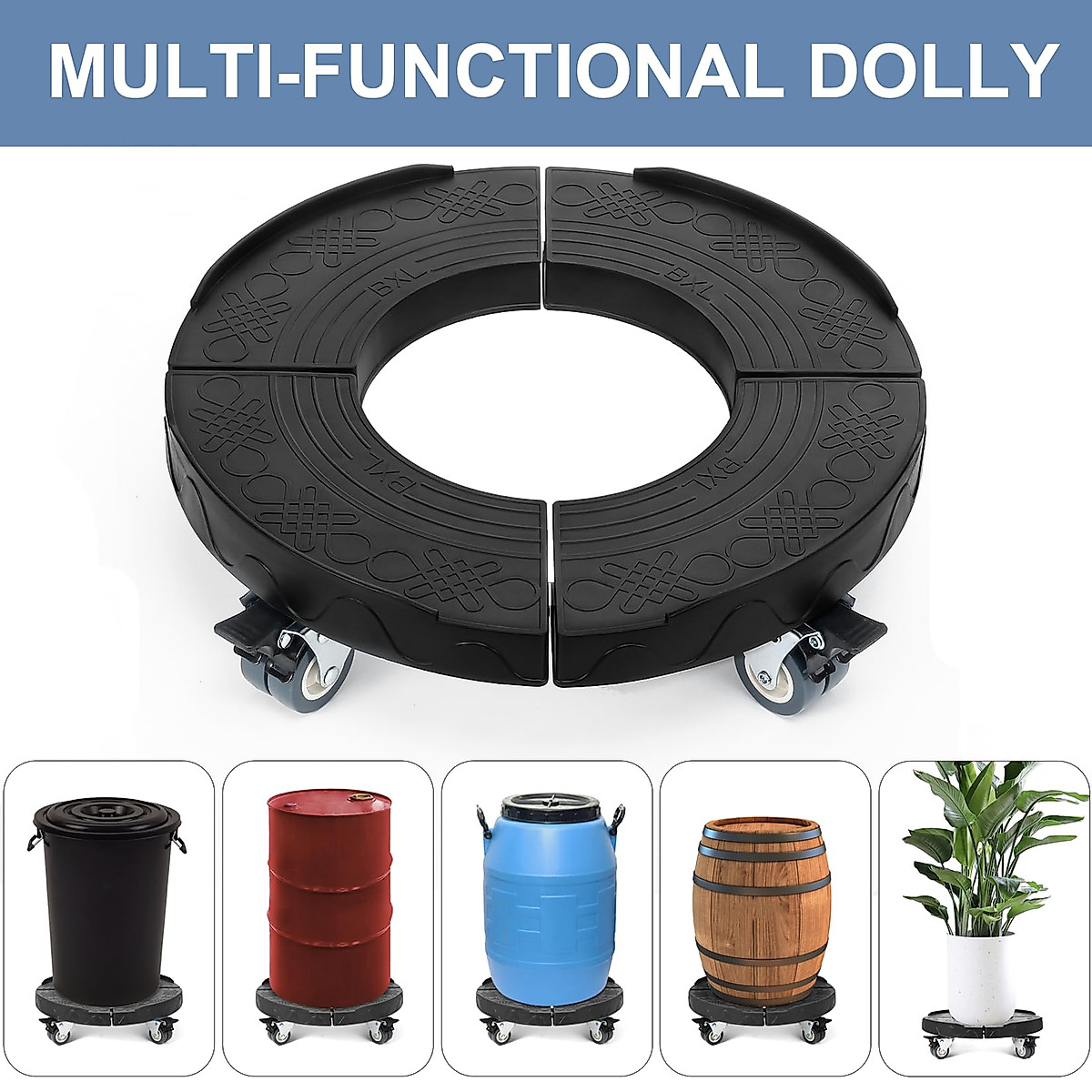 W B D WEIBIDA Trash Can Dolly Wheels Adjustable 15-19 Inch Round Dolly with 4 Wheels Drum Dolly Heavy Duty 440lbs Keg Dolly Large Barrel Dolly Multi Functional Rolling Dolly Cart Plant Dolly