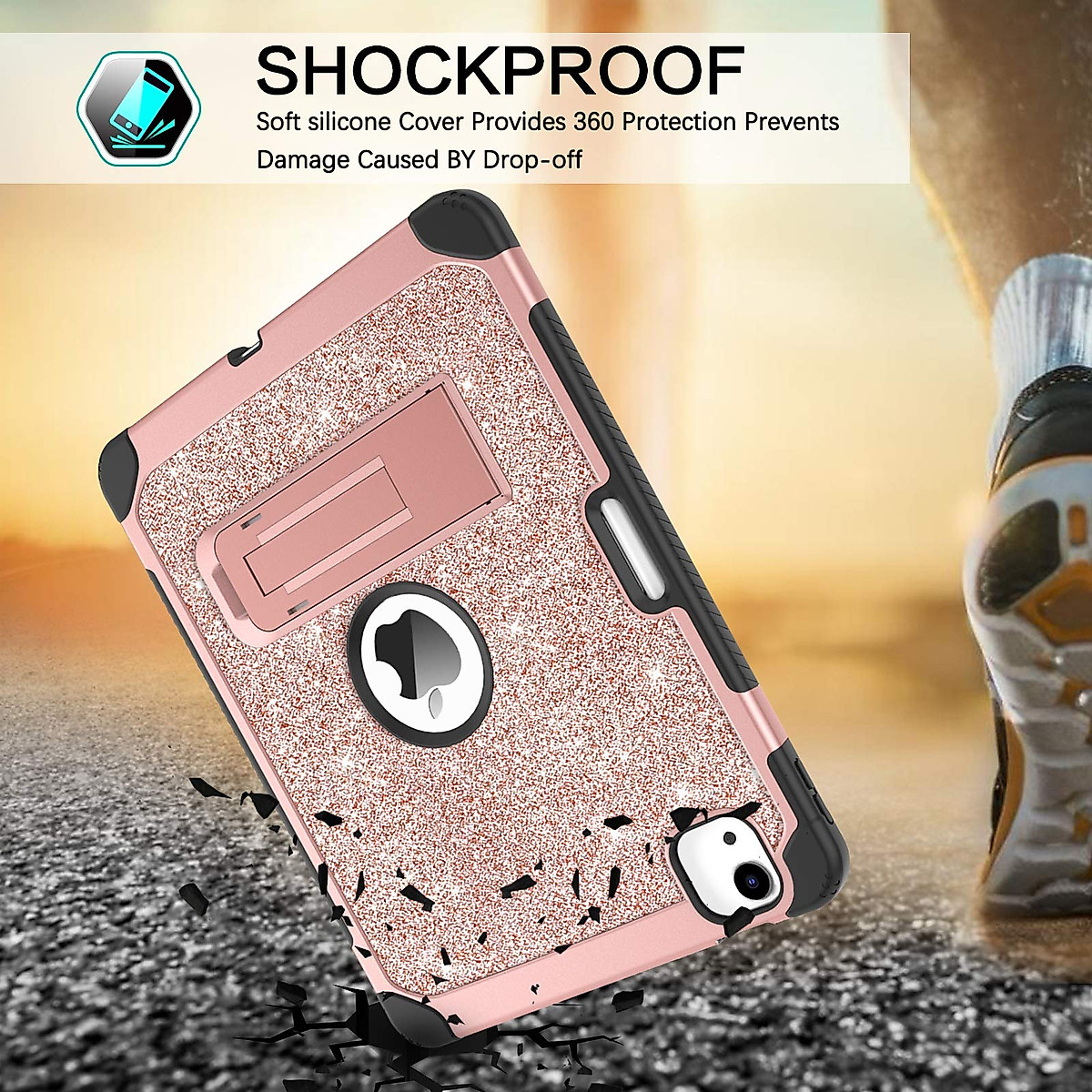 BENTOBEN iPad Air 5th Generation Case, iPad Air 4th Generation Case, Glitter Sparkly 3 Layers Shockproof Kickstand with Pencil Holder Protective Tablet Cover for iPad Air 2022/2020 10.9", Rose Gold