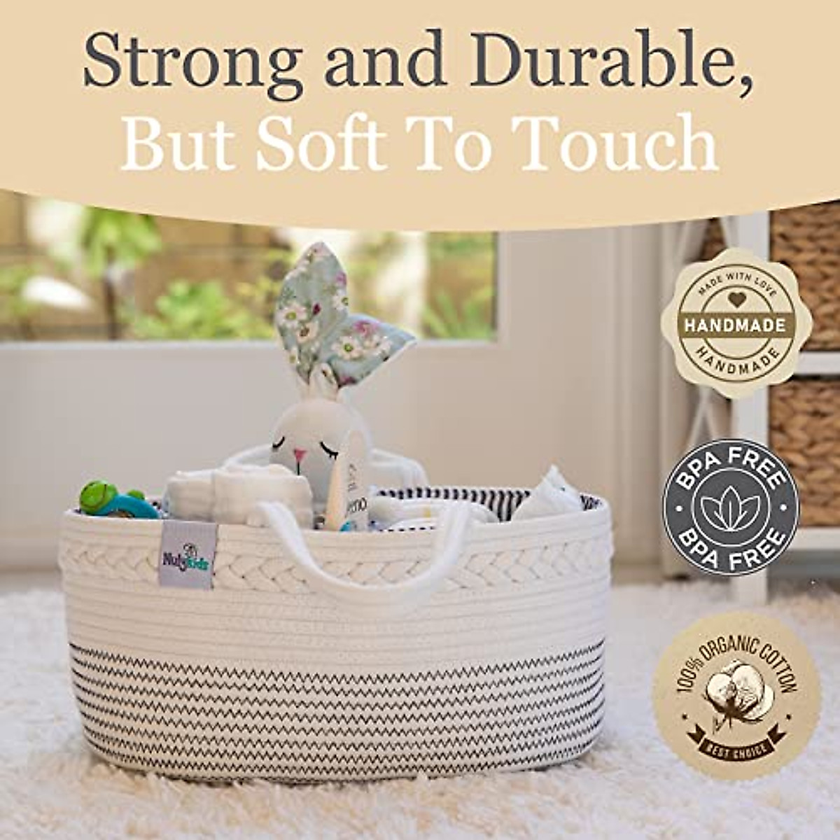 Nuly Kids Baby Diaper Caddy Organizer - Nursery Storage Basket for Boys & Girls, Large Bag & Car Bassinet with Removable Inserts, Newborn Care Items, Baby Registry Must Haves, 100% White Cotton, White