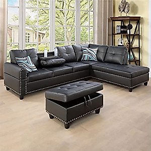 GEBADOL Living Room Furniture Sets,Small Leather Sectional Sofa,L Shaped Couch with Cup Holder and Ottoman(Right-Facing,Black Leather Sofa)