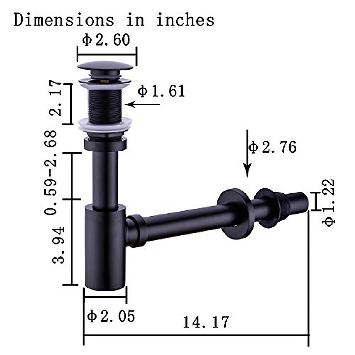 GORDEE Bathroom Sink Stopper P-Trap Complete Set Adjustable 1-1/4 Bottle Trap Solid Brass Sink Drain Kit Tube and Pop Up Drain Stopper Set Without Overflow, Matte Black