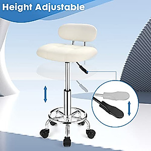 FNZIR Square Rolling Stools with Backrest Height Adjustable Swivel Stool with Wheels White