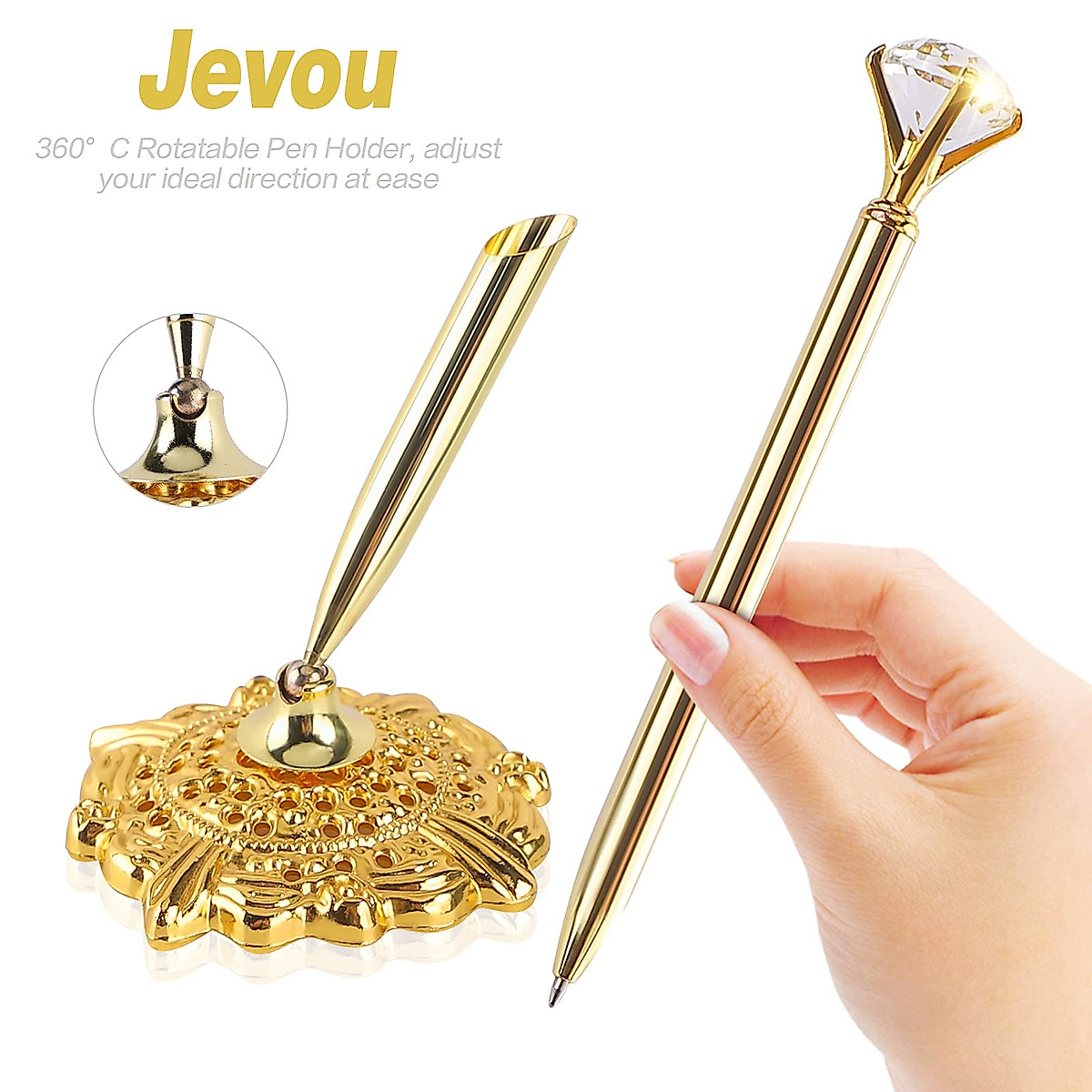Jevou Hollow Round Pen Holder Signing Pen Set with Big Crystal Diamond Pen for Wedding Bridal Engagement Party Favors, Golden