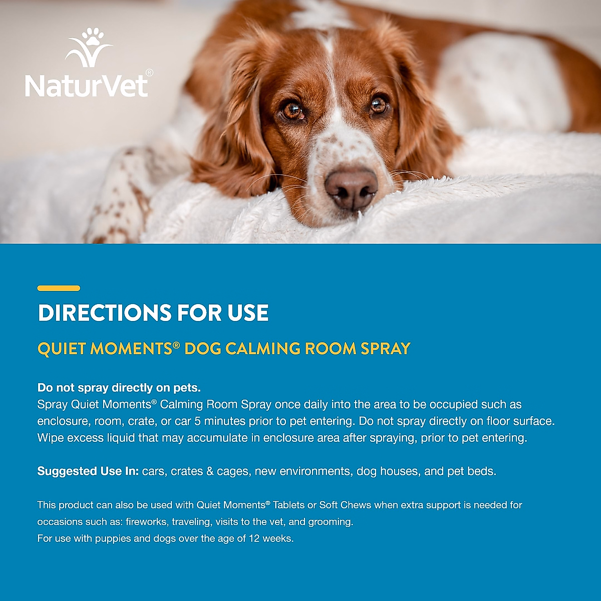NaturVet Quiet Moments Herbal Calming Room Spray Dog Supplement – Ideal for Cars, Dog Crates, New Environments – Helps Reduce Pet Stress, Storm Anxiety, Motion Sickness – 8 Oz.