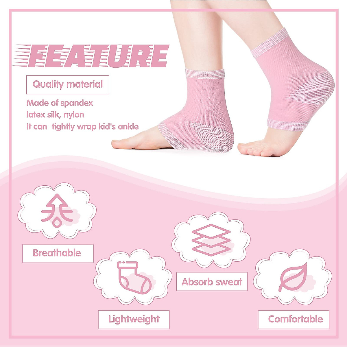 Tarpop 3 Pair Ankle Compression Sleeves for Kids Ankle Brace Compression Sleeves Foot Arch Support Sleeve Sock for Girls Ankle Sports Running Dance Fitness Gymnastics (Pink, Medium)