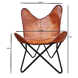 Classy Handmade Leather Living Room Chairs-Butterfly Chair Tan Side Hand Stitch Leather Butterfly Chair-Handmade with Powder Coated Folding Iron Frame (Cover with Folding Frame)