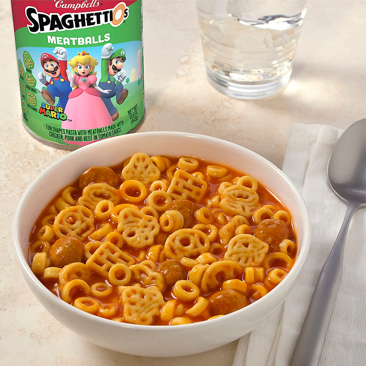 SpaghettiOs Super Mario Bros Canned Pasta with Meatballs, 15.6 oz Can (Pack of 12)