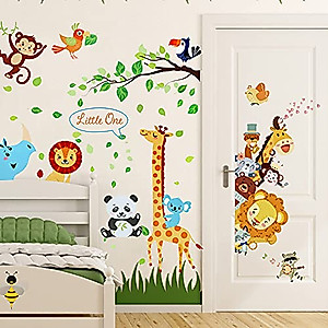 Wall Decals for Nursery Room Animal Tree Wall Stickers Baby Door Cartoon Decor Jungle Safari Giraffe Elephant DIY Children Murals Decoration Removable Wallpaper for Boy Girl Room Bedroom Wardrobe