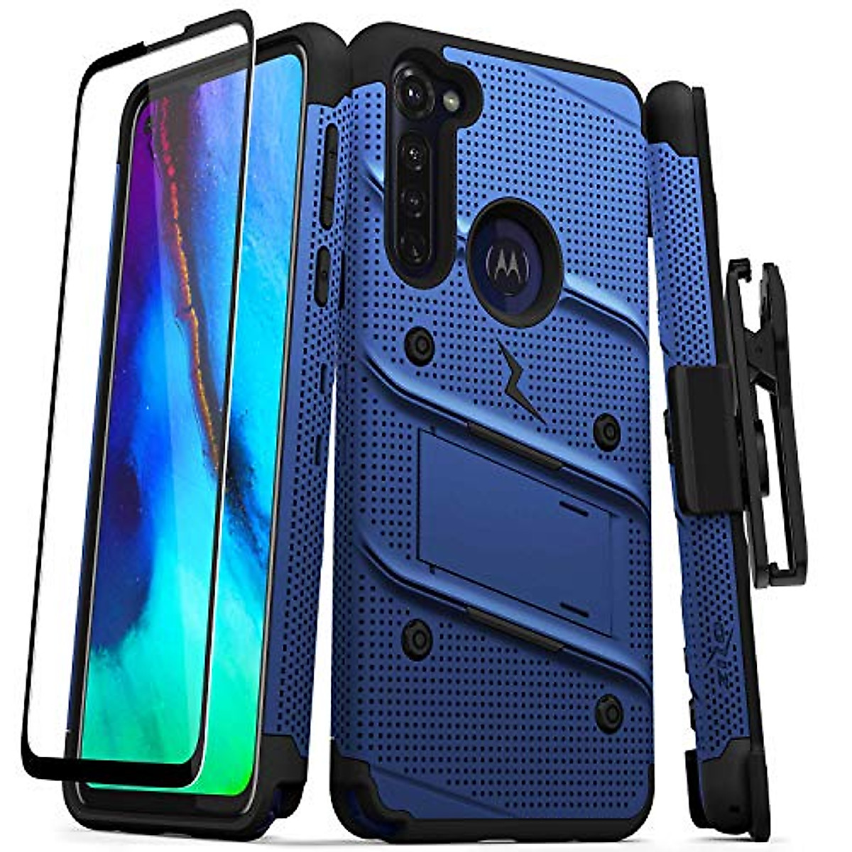 ZIZO Bolt Series for Moto G Stylus (2020) Case with Screen Protector Kickstand Holster Lanyard - Blue & Black