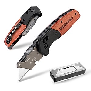 WORKPRO Folding Utility Knife, Razor Blade Knife with Axis Lock, Quick Change Blade Box Cutter, EDC Wood Handle Foldable Pocket Knife, Extra 10PC SK5 Blades Included