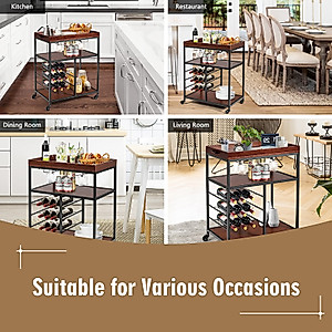 COSTWAY Kitchen Rolling Island Cart, with 9-Bottle Wine Racks & Glass Holders, Utility Beverage Cart Trolley with Lockable Wheels for Home Kitchen, Wooden and Metal Frame, Rustic Brown