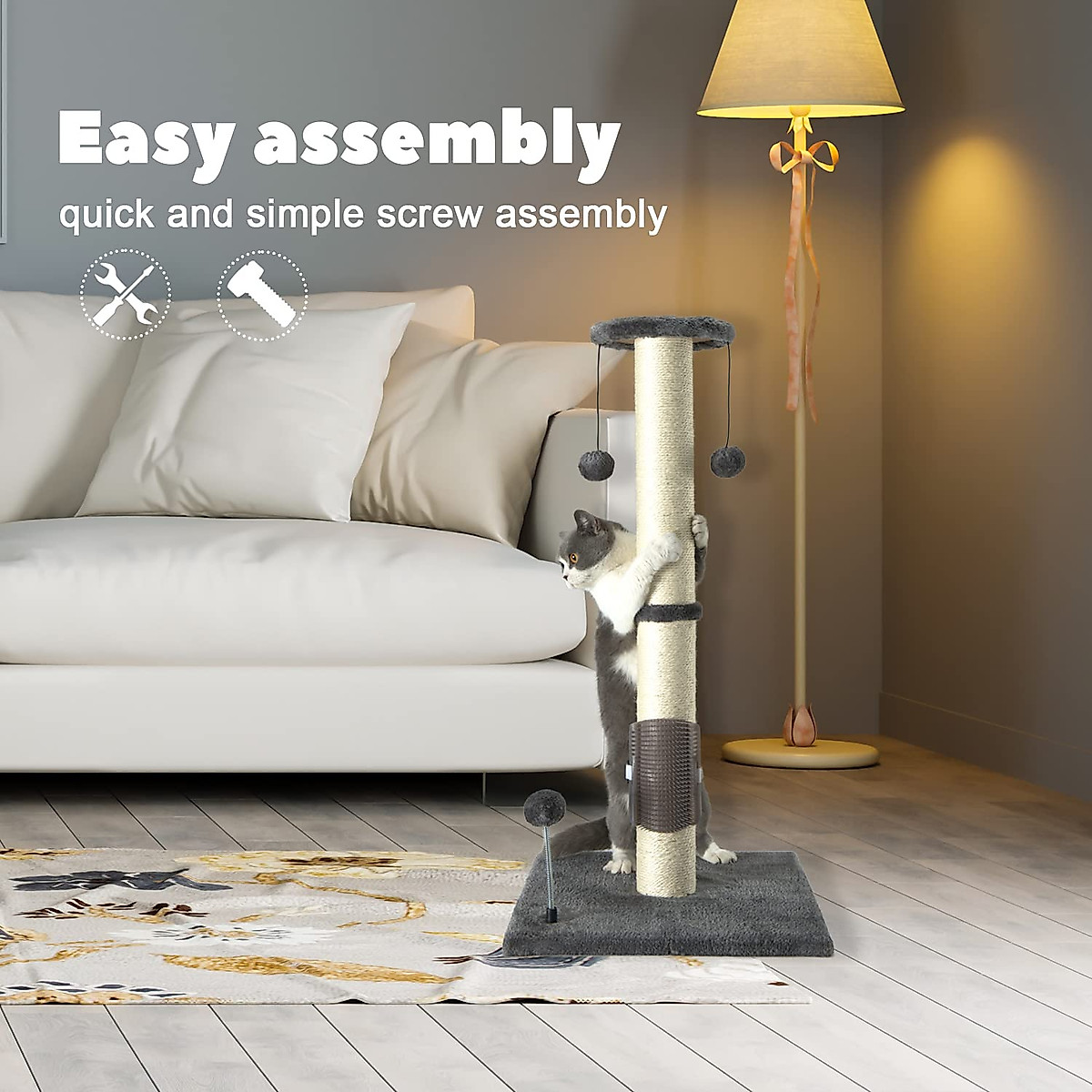 PEEKAB 32" Tall Cat Scratching Post Sisal Scratch Posts with Hanging Ball and Self-Massage Brush Vertical Scratcher for Indoor Cats and Kittens(Gray 32inches)