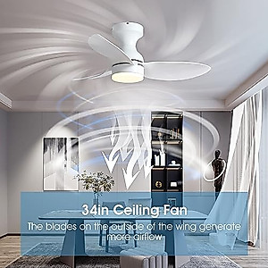 Surtime Low Profile Flush Mount Ceiling Fans with Lights and Remote&APP,34in White Modern Ceiling Fans for Outdoor Patio,Small Room,Bedroom,6 Speeds Reversible,3 Colors Lights Dimmable