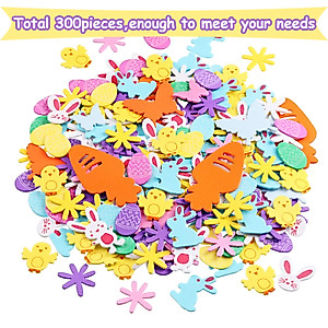 12 Pieces DIY Easter Foam Stickers Self-Adhesive Big Easter Egg Stickers and 300 Pieces Bunnies Chicks Flower Shaped Stickers for Kids Crafts Arts Party Supplies