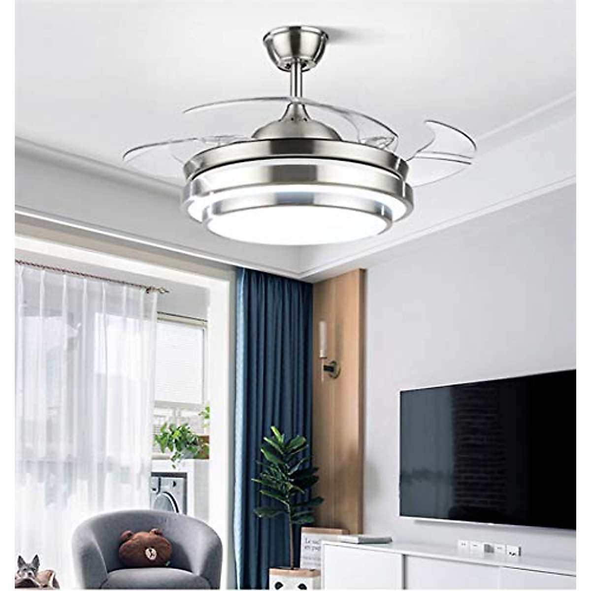 Fandian 42" Modern Ceiling Light with Fans Remote Control, 4 Retractable Blades with 3 Light Color Change Ceiling Fan for Living Bedroom Restaurant, Silver Color with Silent Motor (42In-1)