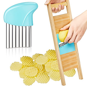 2 Pcs Wave Waffle Cutter and Crinkle Cutter Set Waffle Fry Cutter Potato Cutter Stainless Steel Potato French Fry Cutter Slicer Crinkle Choppers Potato Lattice Maker for Kitchen Tools (Blue)