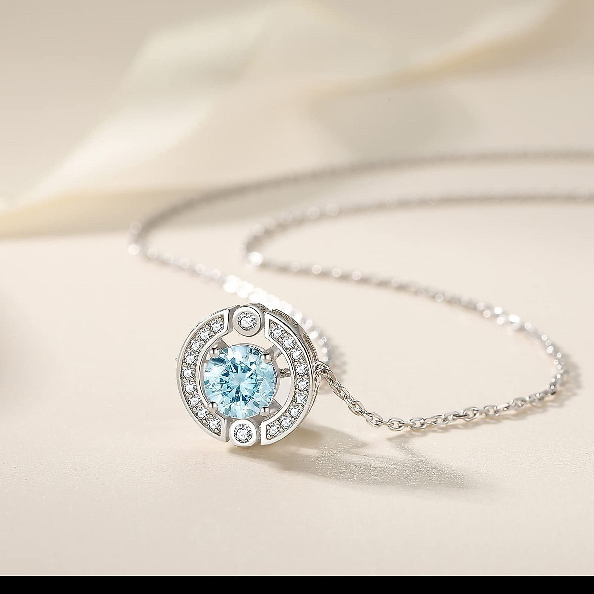 March Aquamarine Pendant Birthstone Necklace - 925 Sterling Silver Dainty Birthstone Necklaces with Solitaire Round Cubic Zirconia Anniversary Birthday Gifts for Women Mom Wife Her