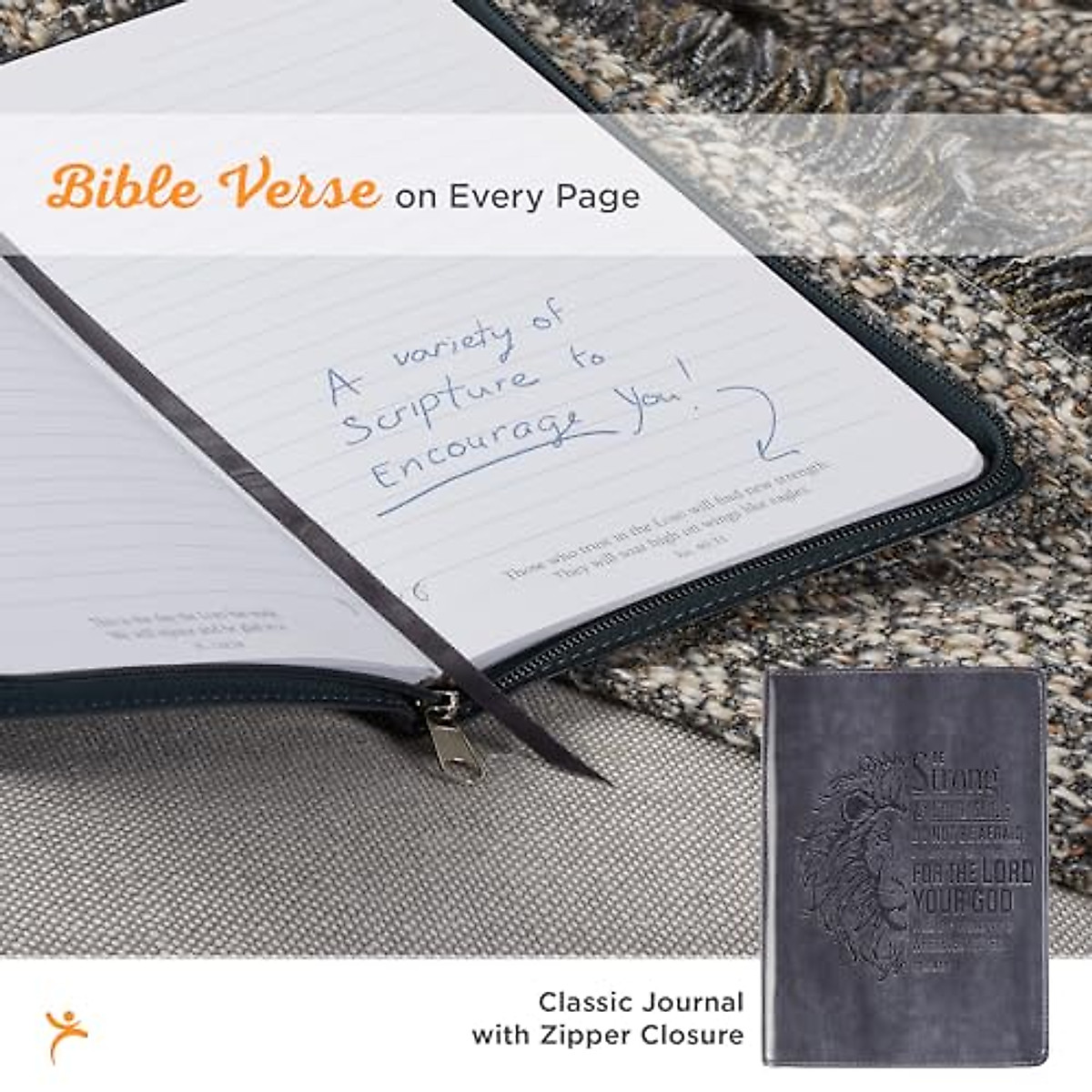 Classic Faux Leather Journal Be Strong and Courageous Lion Joshua 1:9 Bible Verse Gray Inspirational Notebook, Lined Pages w/Scripture, Ribbon Marker, Zipper Closure
