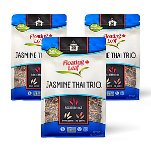 3 Packs x 14 ounces Jasmine Thai Trio, Riceberry Rice (Jasmine Black Rice), Brown Jasmine Rice and Red Jasmine Rice, Non Gluten, Non-Gmo, Kosher and Vegan - Floating Leaf