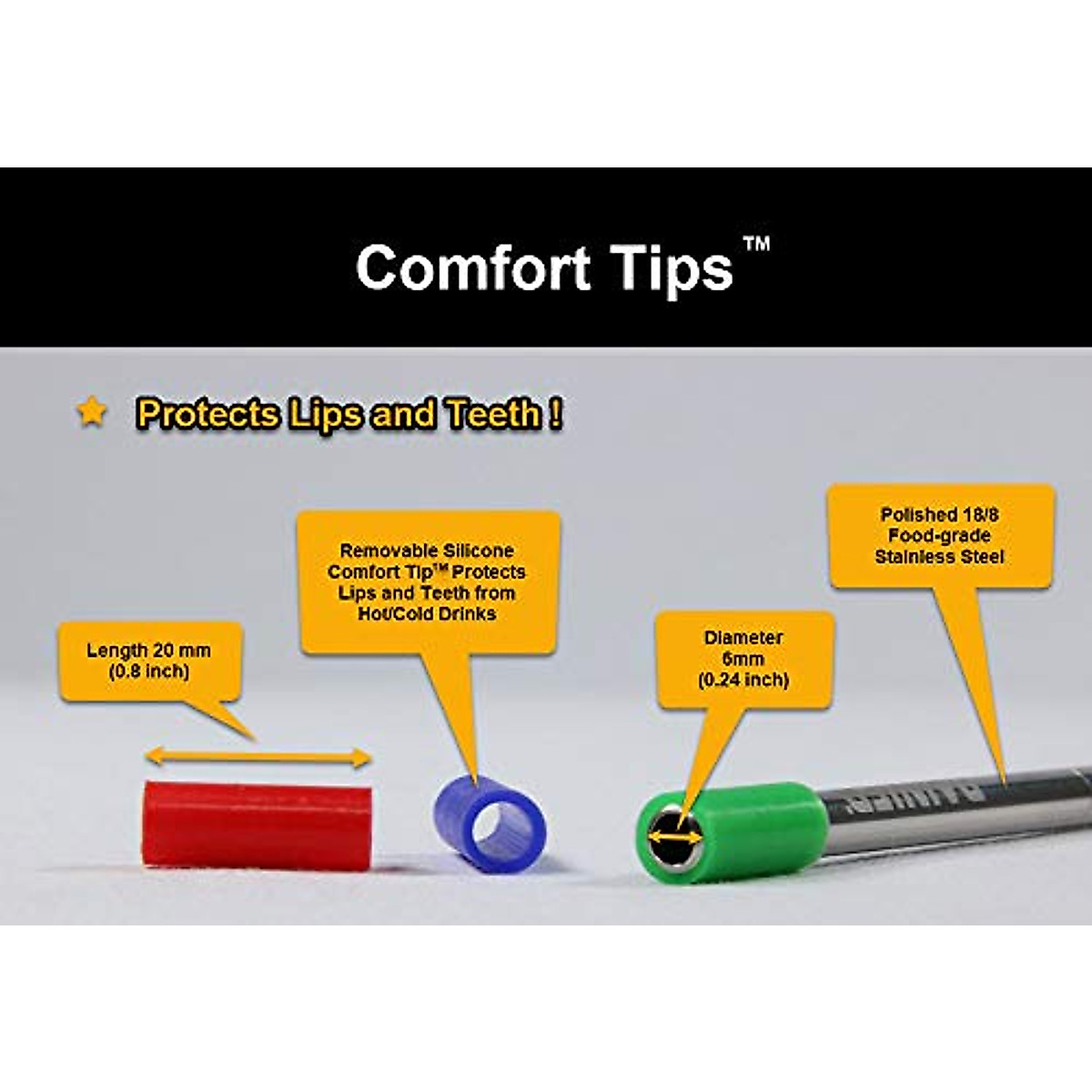 RAINIER Stainless Steel Metal Drinking Straws | Fits Yeti RTIC or Any 20 or 30 oz Tumbler| Extra Long Reusable Ecofriendly | Set of 8 Angled Straws with Silicone Silencers, Comfort Tips, 2 Brushes