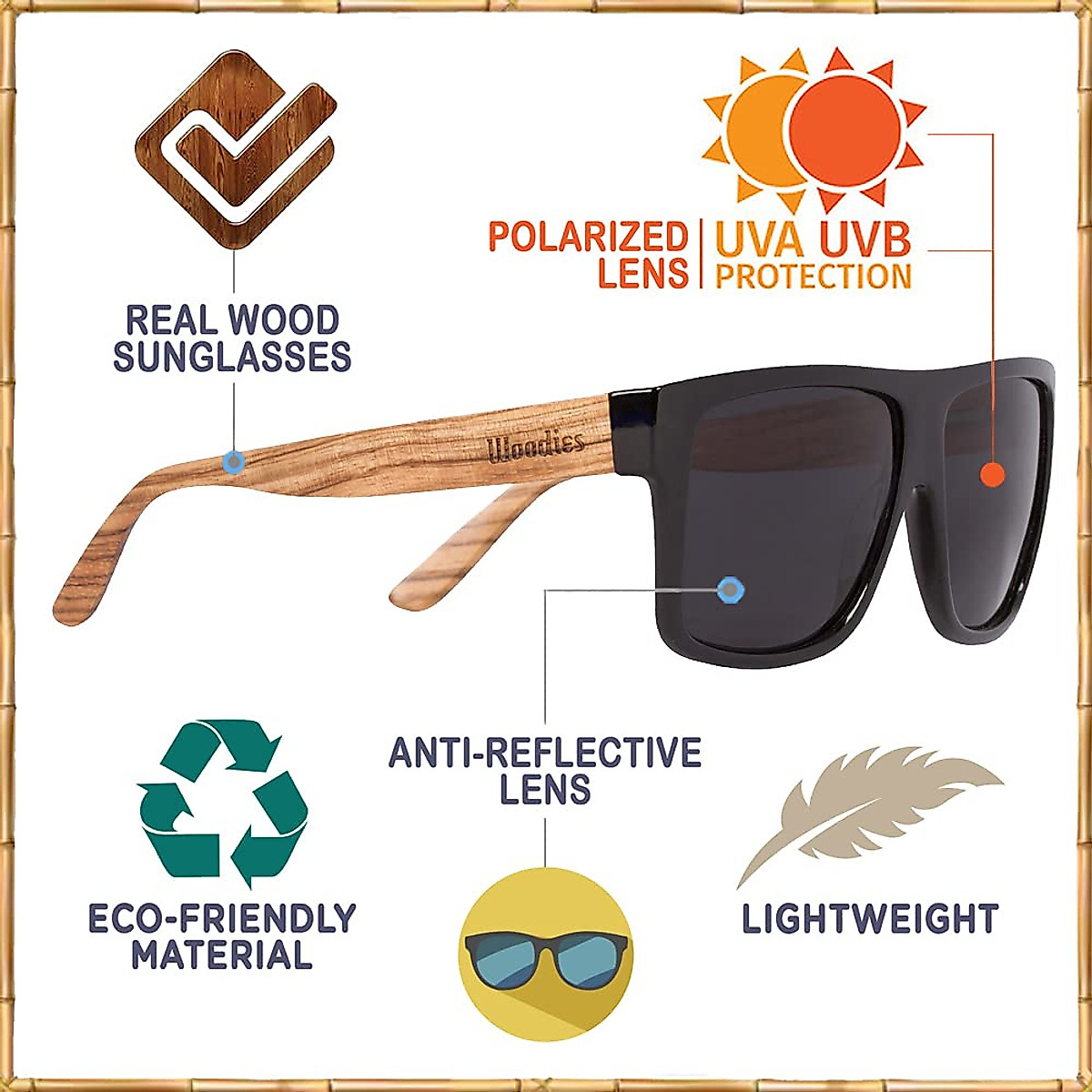 Woodies Black Oversized Flat Top Square Zebra Wood Sunglasses with Dark Polarized Lens for Men and Women | 100% UVA/UVB Protection
