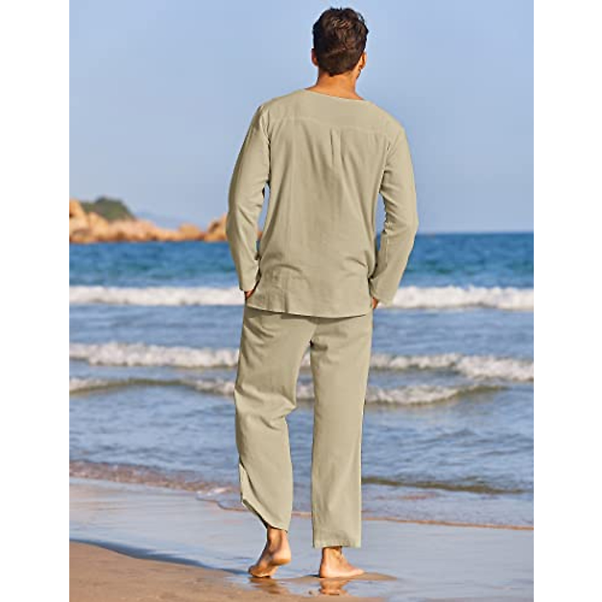 COOFANDY Men's 2 Pieces Cotton Linen Set Henley Shirt Long Sleeve and Casual Beach Pants Summer Yoga Outfits