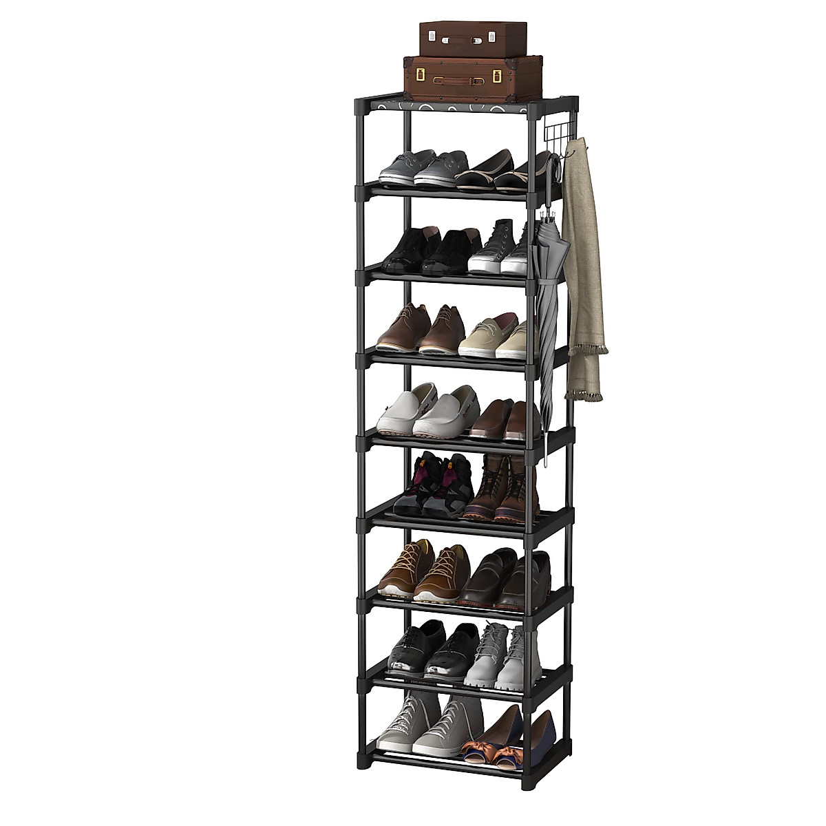 GREATSK 9 Tiers Shoe Rack 20-25 Pairs Sturdy Shoe Shelf, with Side Hooks, Shoe Rack for Entryway, Free Standing Shoe Racks, Metal Shoe Rack, Show Rack, Shoe Organizer, Shoe Rack for Closet