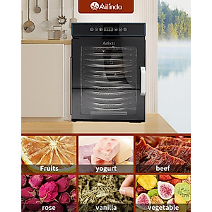 Food dehydrator, 12-layer stainless steel rotating dehydrator, suitable for food, jerky, dog food, herbs, vegetables, fruits, temperature function, 24-hour timer, overheating protection