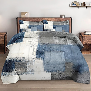 WeCozy Full Size Comforter Set with 2 Pillowcases, Blue Grey Painting 3 Pcs Bedding Set for Kids and Adults, Gray Contemporary Soft Comforter Set for Bedroom Bed Decor