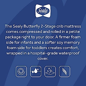 Sealy Butterfly 2-Stage Dual Firm Antibacterial Foam Baby Crib Mattress & Toddler Bed Mattress, Hypoallergenic Waterproof Memory Foam Crib Mattress, GREENGUARD GOLD Certified,Made in USA,52"x28",White