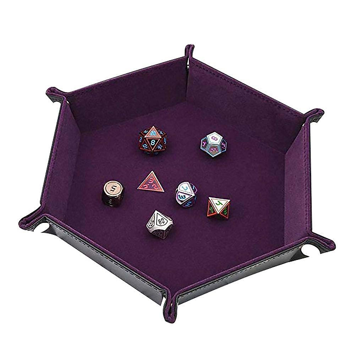 1 Piece Dice Holder Dice Pad Dice Rolling Tray PU Leather Dice Tray Hexagonal Folding Dice Tray for Dice Gaming and Other Table Games, Purple