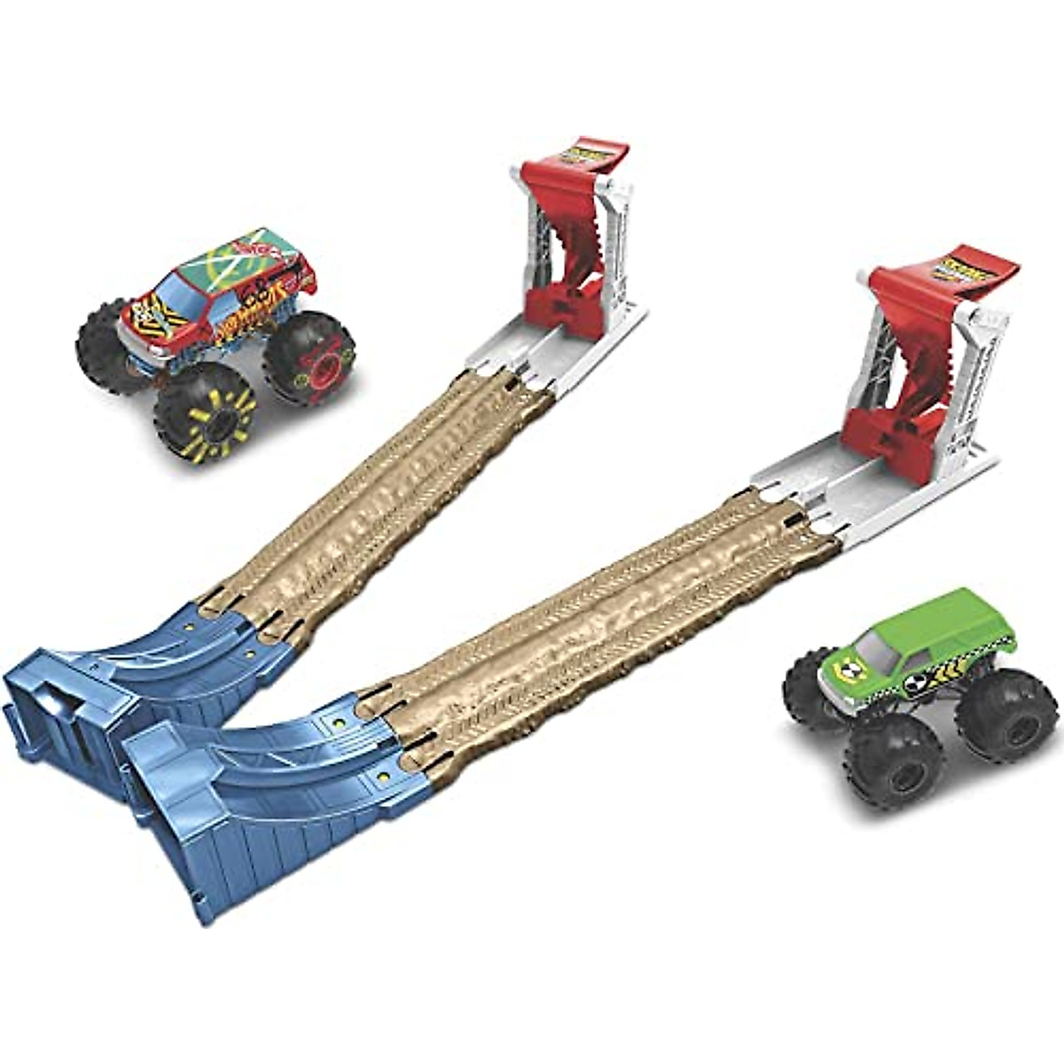 Hot Wheels Monster Trucks Double Destruction 3-in-1 Play Set with 1 1:64 Scale die-cast Metal Body Monster Truck, 1 Plastic Crash Dummy 2 Slam Launchers with Short Straight Tracks & Ramps