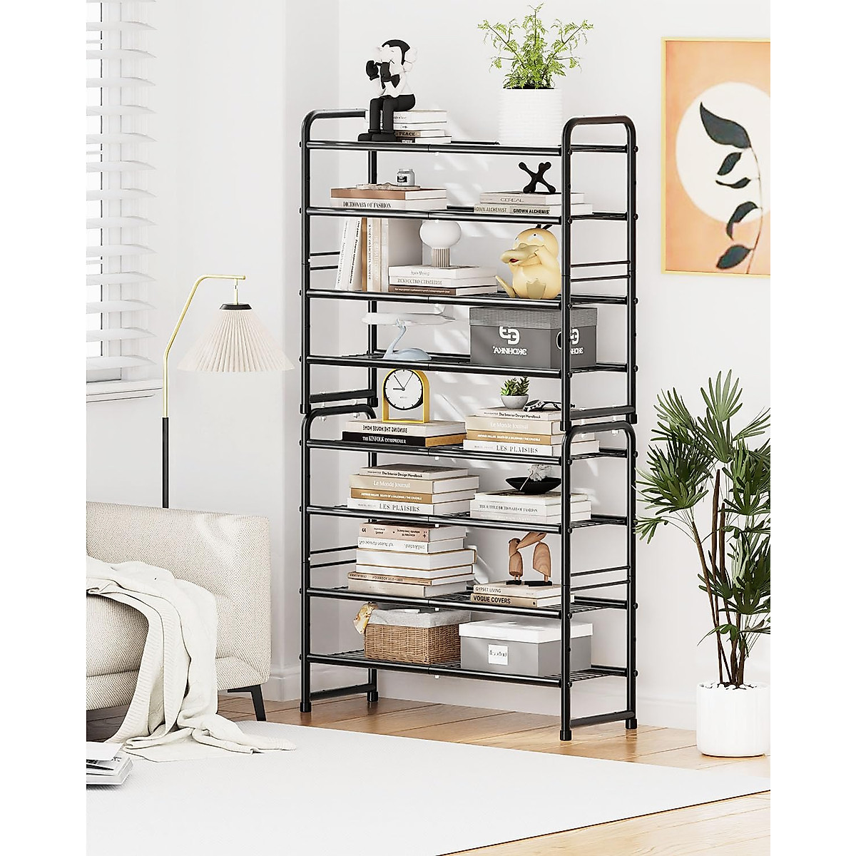 SUFAUY Shoes Rack Shelf for Closet Metal Stackable Shoe Organizer, Expandable & Adjustable Storage Shelves, Wire Grid, 4-Tier, Black