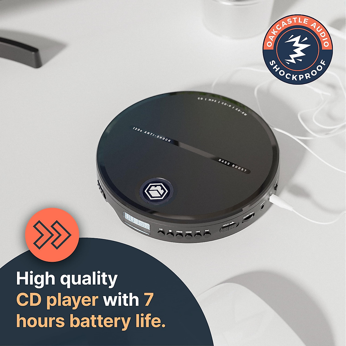 CD Player Portable, Battery Playback Portable CD Player 7Hr Playtime, Small CD Players for Car (AUX only) | Oakcastle CD10 Portable CD Player with Headphones, CD Walkman, Discman