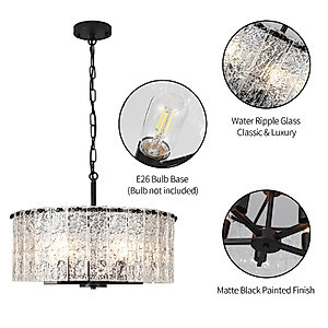 CWarmozy 19.7'' Luxury Black Chandelier for Dining Room 5-Light Modern Crystal Chandeliers Water Ripple Glass Light Fixture Elegant Ceiling Hanging Light for Kitchen Island Bedroom Living Room