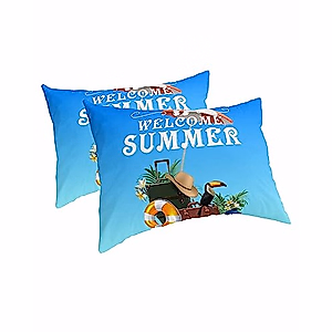 Edwiinsa Welcome Summer Pillow Covers Standard Size Set of 2 20x26 Bed Pillow, Blue Summer Beach Seaside Camping Plush Soft Comfort for Hair/Skin Cooling Pillowcases with Envelop Closure