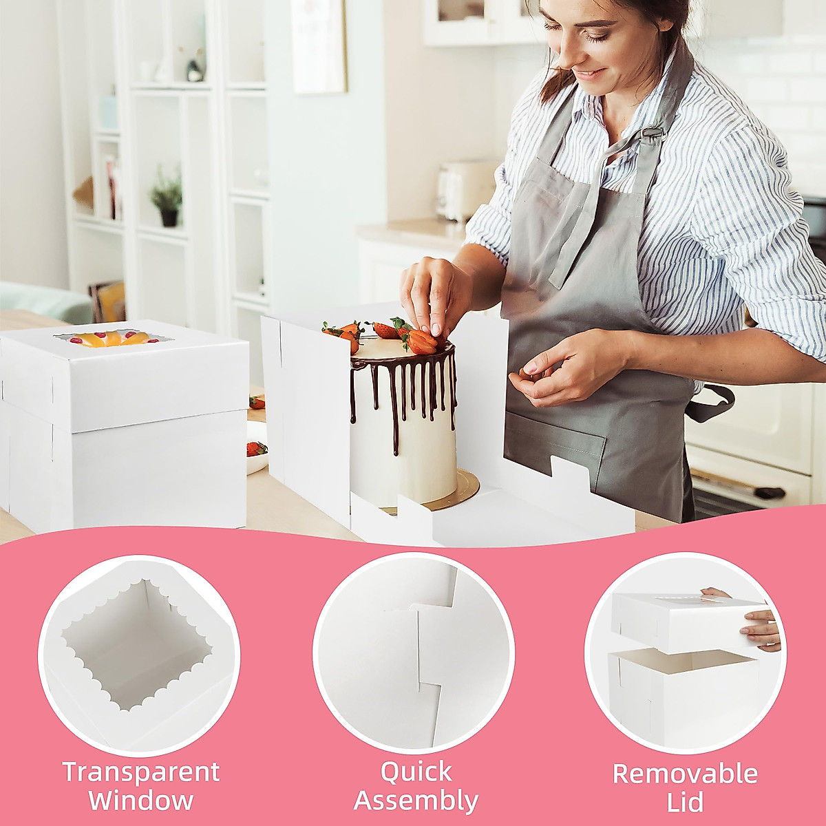 LotFancy Tall Cake Boxes with Window, 3 Sizes 12Pcs 12 x12 x 12, 10 x10 x 10 and 8 x 8 x 8 Inch Cake Carrier, White Bakery Boxes, Cardboard Cake Containers for Wedding Birthday