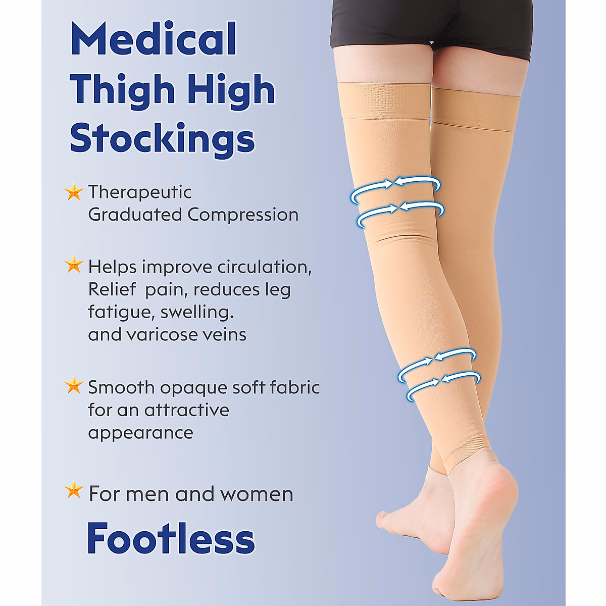 KEKING® Thigh High Compression Stockings Footless, Unisex, 15-20mmHg Leg Support Compression Sleeves with Anti-Slip Silicone Band, Opaque, Treatment Swelling, Varicose Veins, Edema,DVT, Beige XX-Large