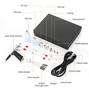XDOVET Dual-Action Trigger Airbrush Kit Air Brush Painting Set with 0.3mm/0.5mm/0.8mm Needles,2cc/5cc/13cc/20cc/40cc Paint Cup, Air Hose for Tattoo, Makeup, Nail, Model, Art Hobby - for Pro & Beginner
