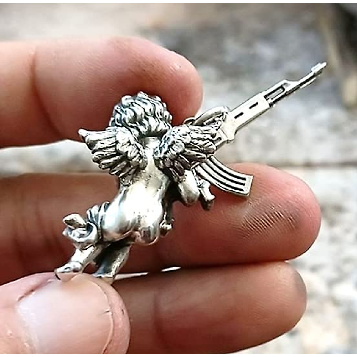 925 Sterling Silver gun and Angel Pendant Necklace ~ Peace and War Charms Pendant and SS 316 24" chain ~ guardian angel of war ✬✬✬By Fantasy World✬✬✬ (2, Silver Pendant + SS316 Chain)