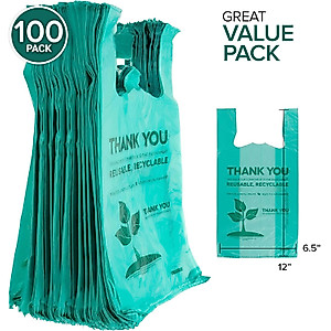 Stock Your Home Eco Grocery Bags (100 Count) Biodegradable Plastic Grocery Bags - Reusable Supermarket Thank You Shopping Bags, Recyclable Plastic T Shirt Bags, Small Trash Can Bags