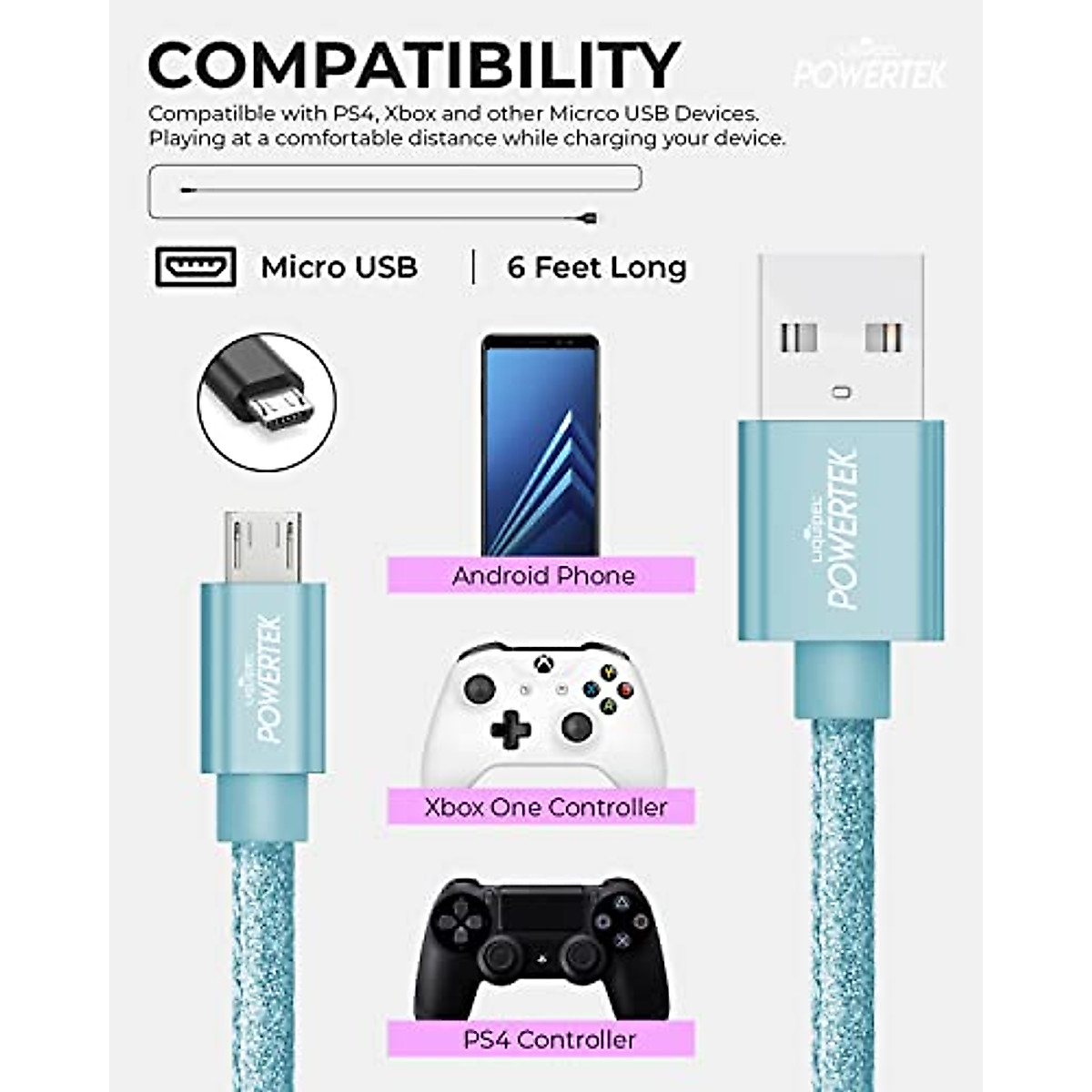 Micro USB Cable Android Charger, 6ft Fast Charging USB 2.0 A to Micro B Cable, Compatible with Samsung Galaxy S7 S6 Edge PS4 Xbox (Light Blue)