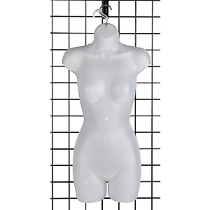 SSWBasics Female Molded Shatterproof Frosted Shapely Torso Form with Hook - Fits Women's Sizes 5-10 - Hanging Fashion Form Mannequin to Display Top and Bottom Merchandise