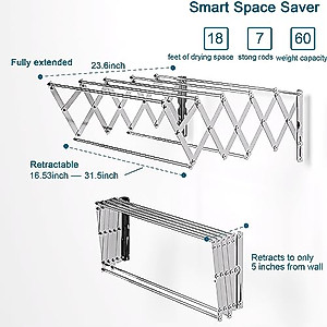 kenvc Wall Mount Clothes Drying Rack, Stainless Steel & Space-Saving Laundry Rack, 7 Rods Crossbar, 3.6 Lbs, 18.33 Linear Feet, 31.5"x23.6"x8.3", 60lb Capacity, Medium, White
