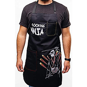 Cute Black Kitchen Bib Apron For Women and Men - With 2 Pockets and Graphic - For Chefs and Home Cooking - Adjustable Strap - Water Resistant - Multi-sized - Gift Box (Cooking Ninja (Men)