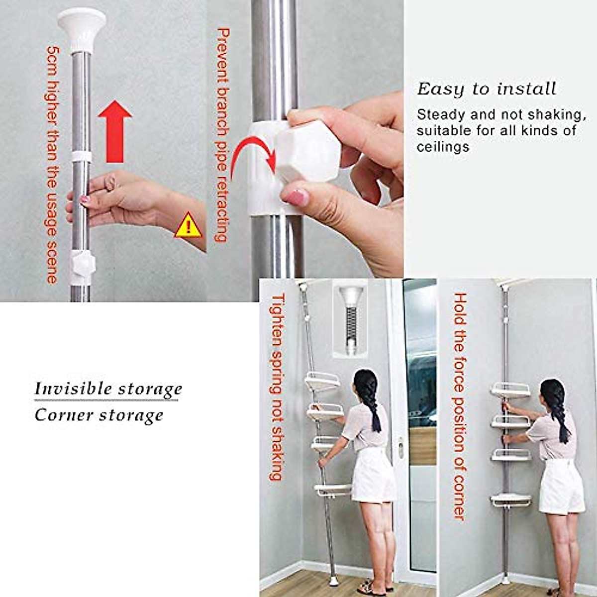 Hershii 4 Tiers Corner Shower Caddy Tension Pole Bathtub Shelf Organizer Adjustable Bathroom Storage Rack Space Saving with Towel Bar - Ivory