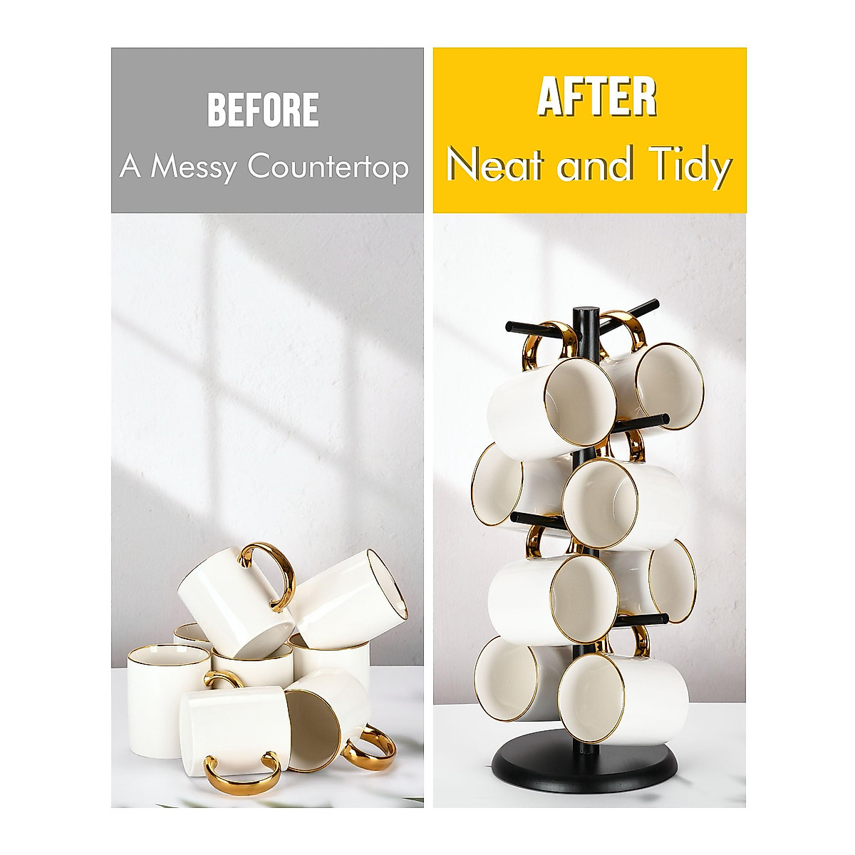 Lorbro Coffee Mug Tree with 8 Hooks, Mug Tree Stand, Bamboo Coffee Cup Holder, Countertop Mug Tree, Mug Stand Kitchen Organizer, Cafe Accessories Decor & Kitchen Organizer Storage Stand (Black)