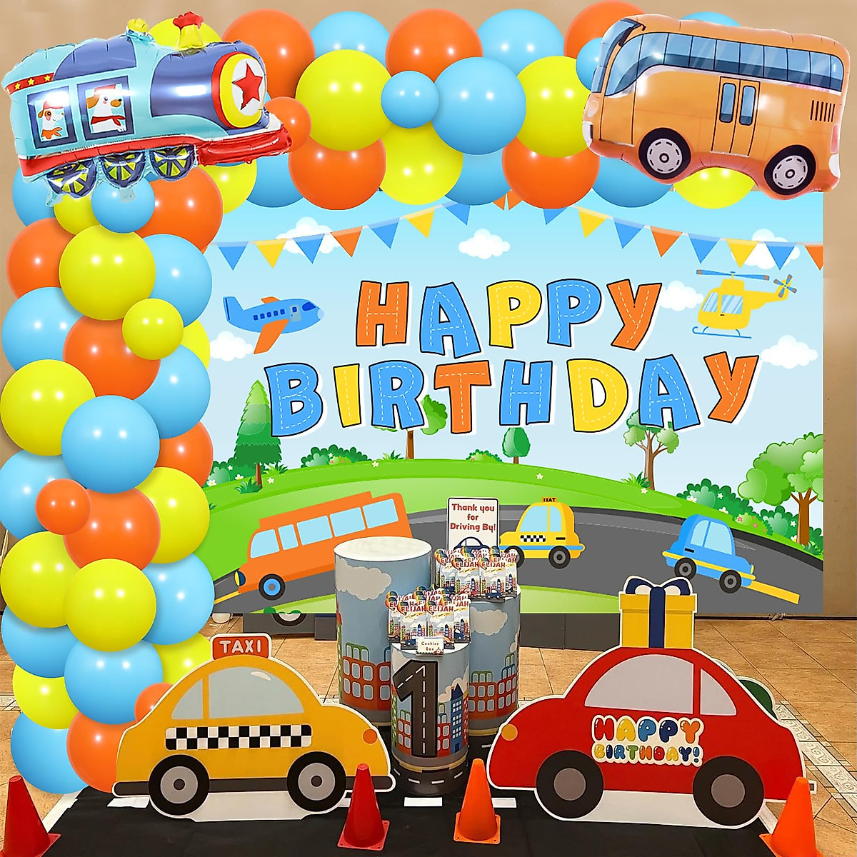 Transportation Birthday Decorations for Boys - Balloons Garland Arch Kit Backdrop - Transport Vehicle Theme Birthday Party Supplies for One Two Three Four Year Old Boy