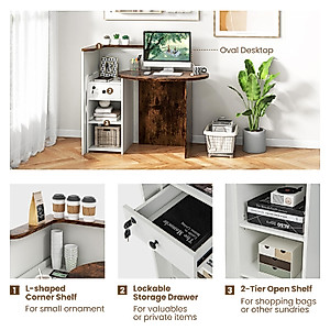 Giantex Reception Desk, Front Counter Desk with Lockable Drawer, Checkout Table with Round Tabletop, Corner Shelf & Adjustable Shelf for Office Beauty Salon Retail Store (Brown & White)